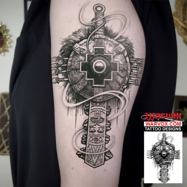 Aztec Shield with a Macuahuitl and Spears Tattoo - Aztec Tattoo Ideas