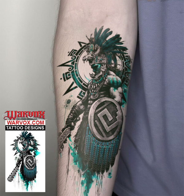 Battle Warrior with Shield and Macuahuitl Tattoo - Aztec Tattoo Ideas