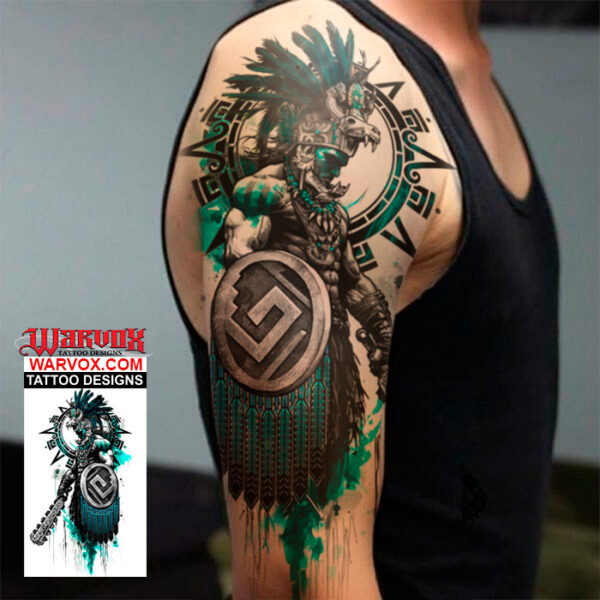 Battle Warrior with Shield and Macuahuitl Tattoo - Aztec Tattoo Ideas